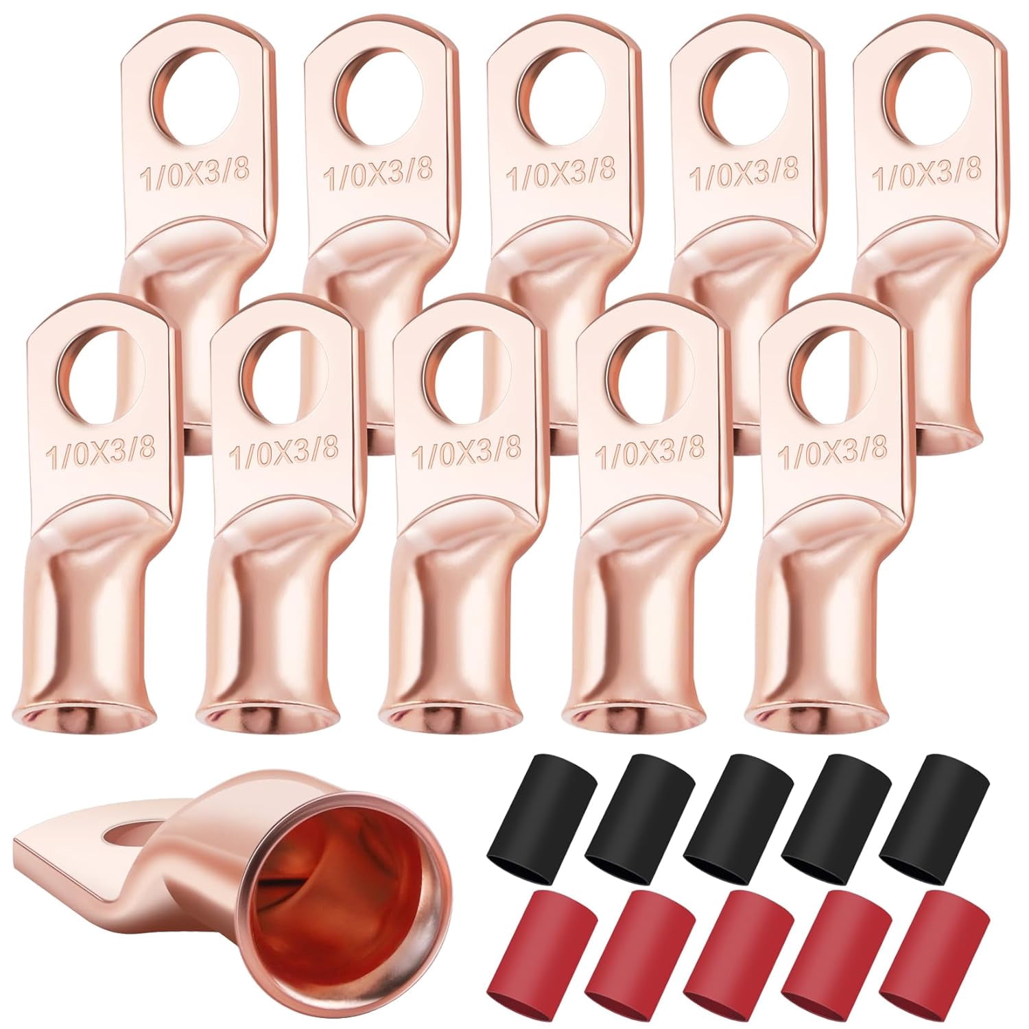 10PCS 1/0 AWG-3/8 Heavy Duty Battery Lugs with 3:1 Heat Shrink Tubing ...