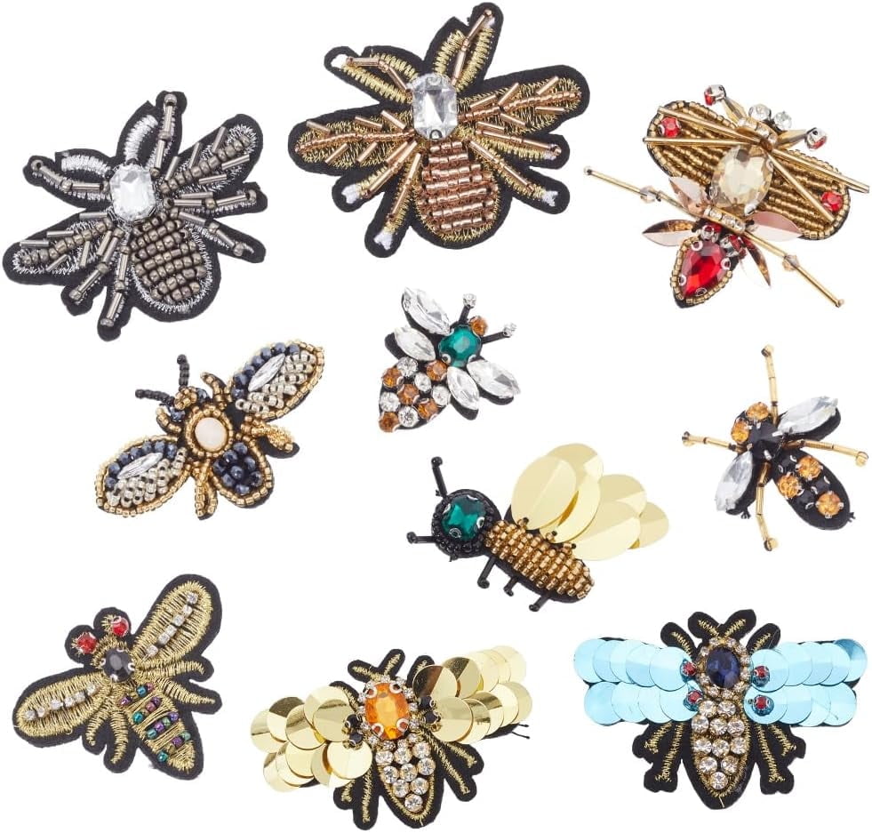 10PCS 10 Styles Handmade Rhinestone Beaded Patches Bees Dragonfly ...