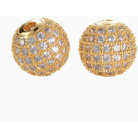 10PCS 10mm Gold CZ Brass Micro Pave Beads Clear Gemstones Cubic ...