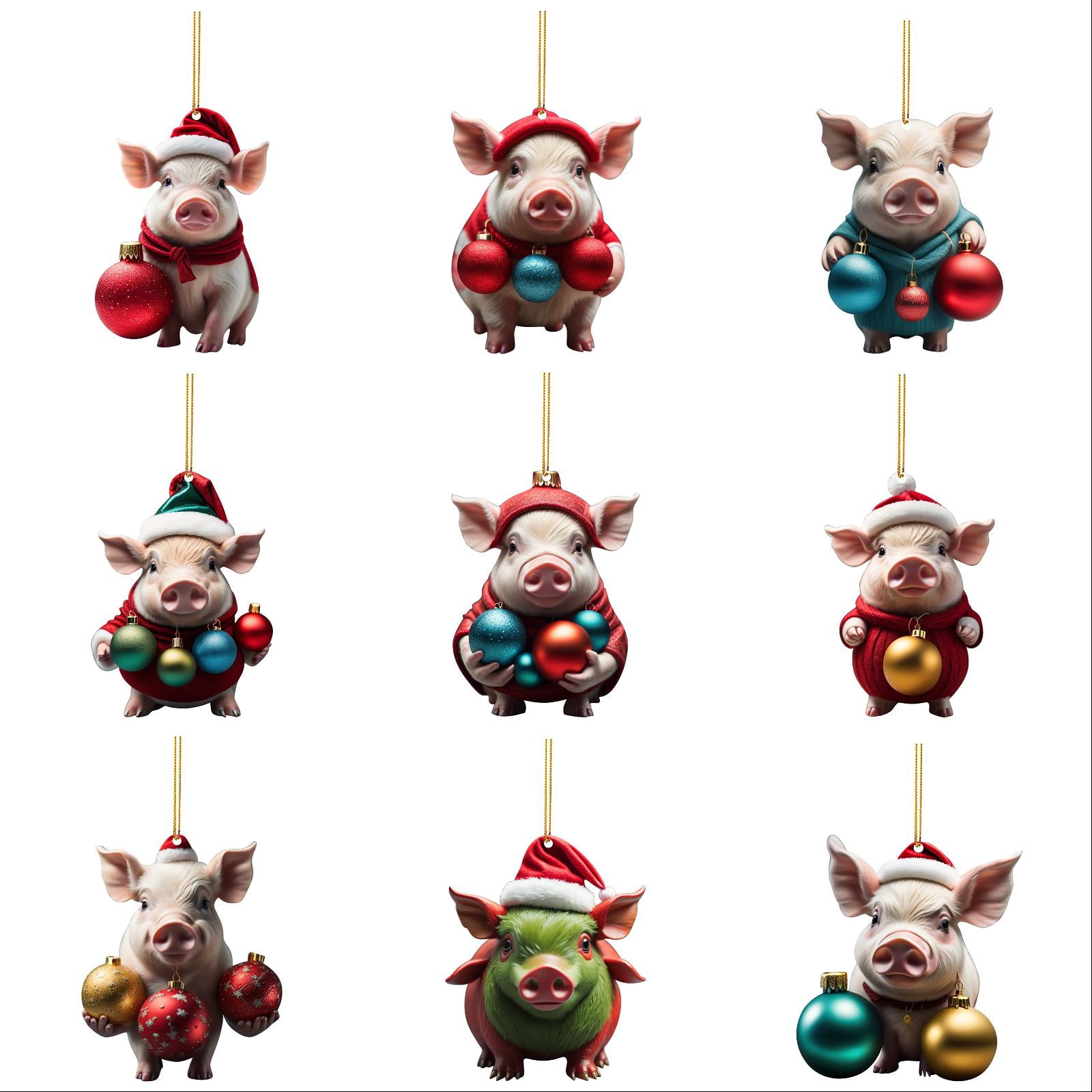 10PCS 2D Acrylic Cartoon Pig Christmas Ornaments, Santa Hat & Bauble ...