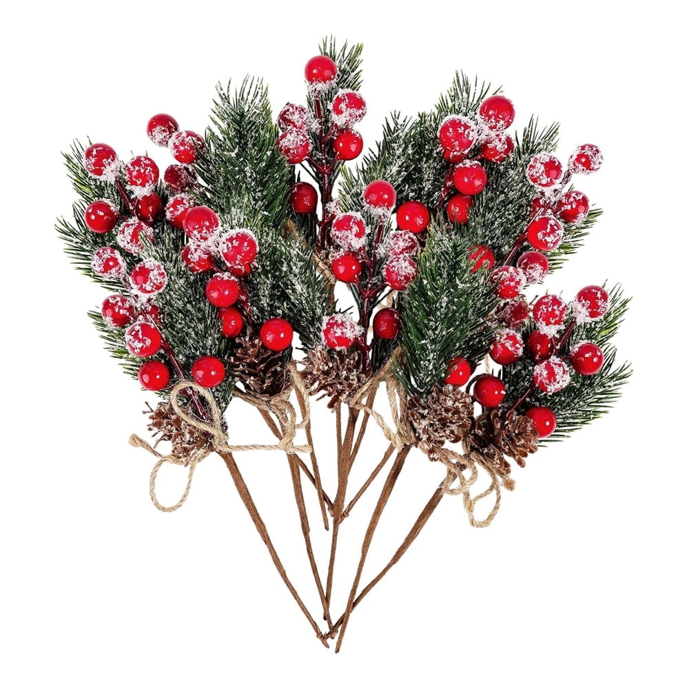 10PCS Christmas Berries Red Stems, Evergreen Pine Branches, Snow ...