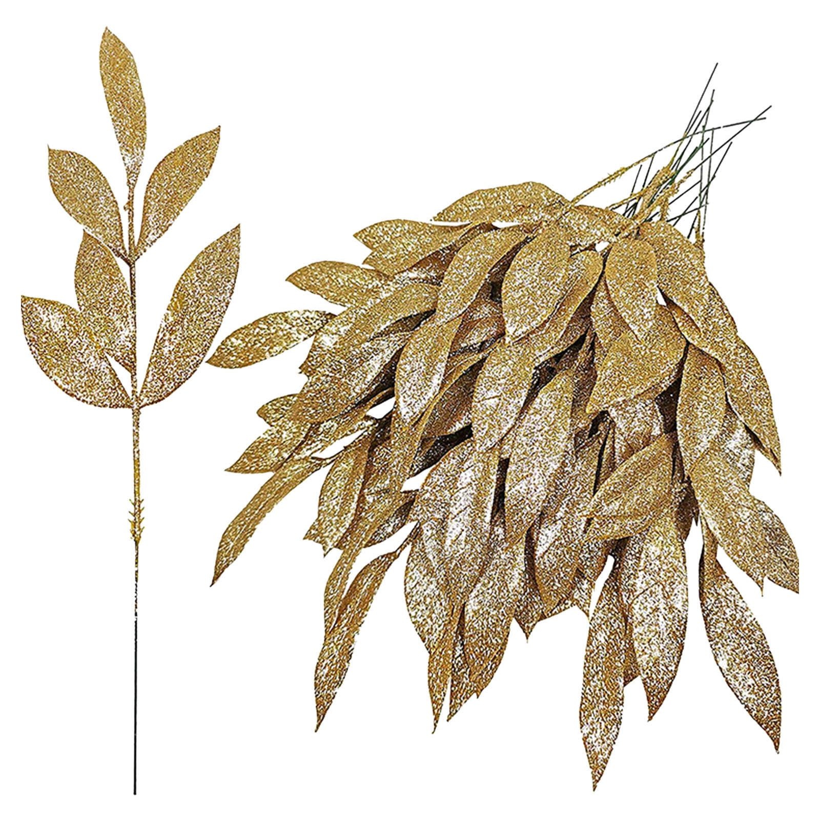 10PCS Christmas Glitter Leaves Bay Leaves Spray Artificial Champagne ...