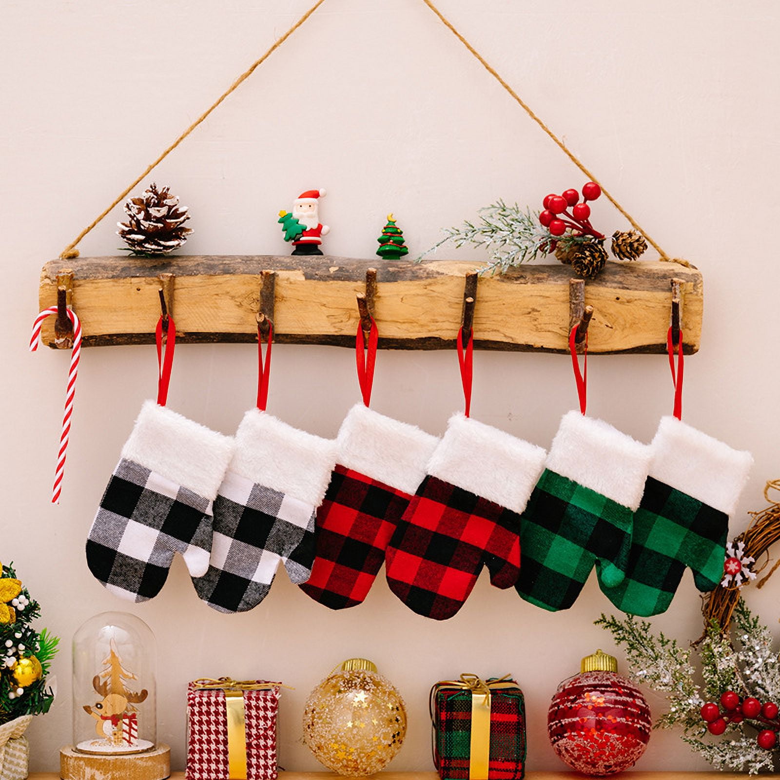10PCS Christmas Mitten Stocking Buffalo Plaid Stockings Plaid Ornaments ...