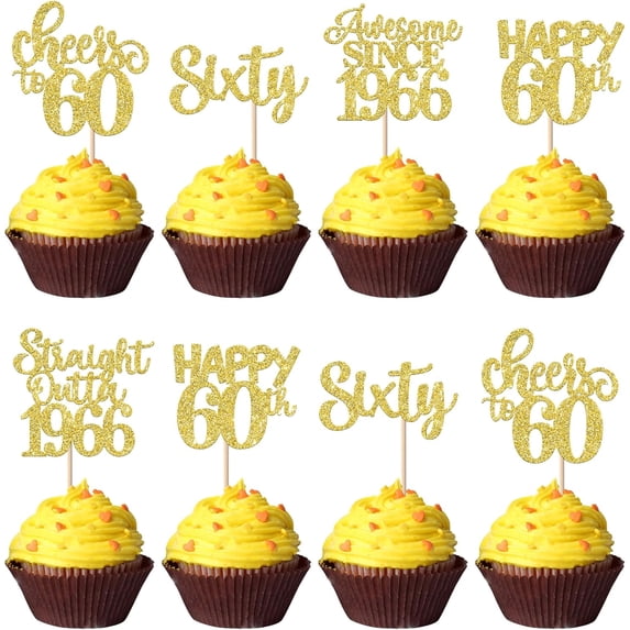 10PCS Gold Glitter 60th Birthday Cupcake Toppers, "Cheers to 60 Years ...