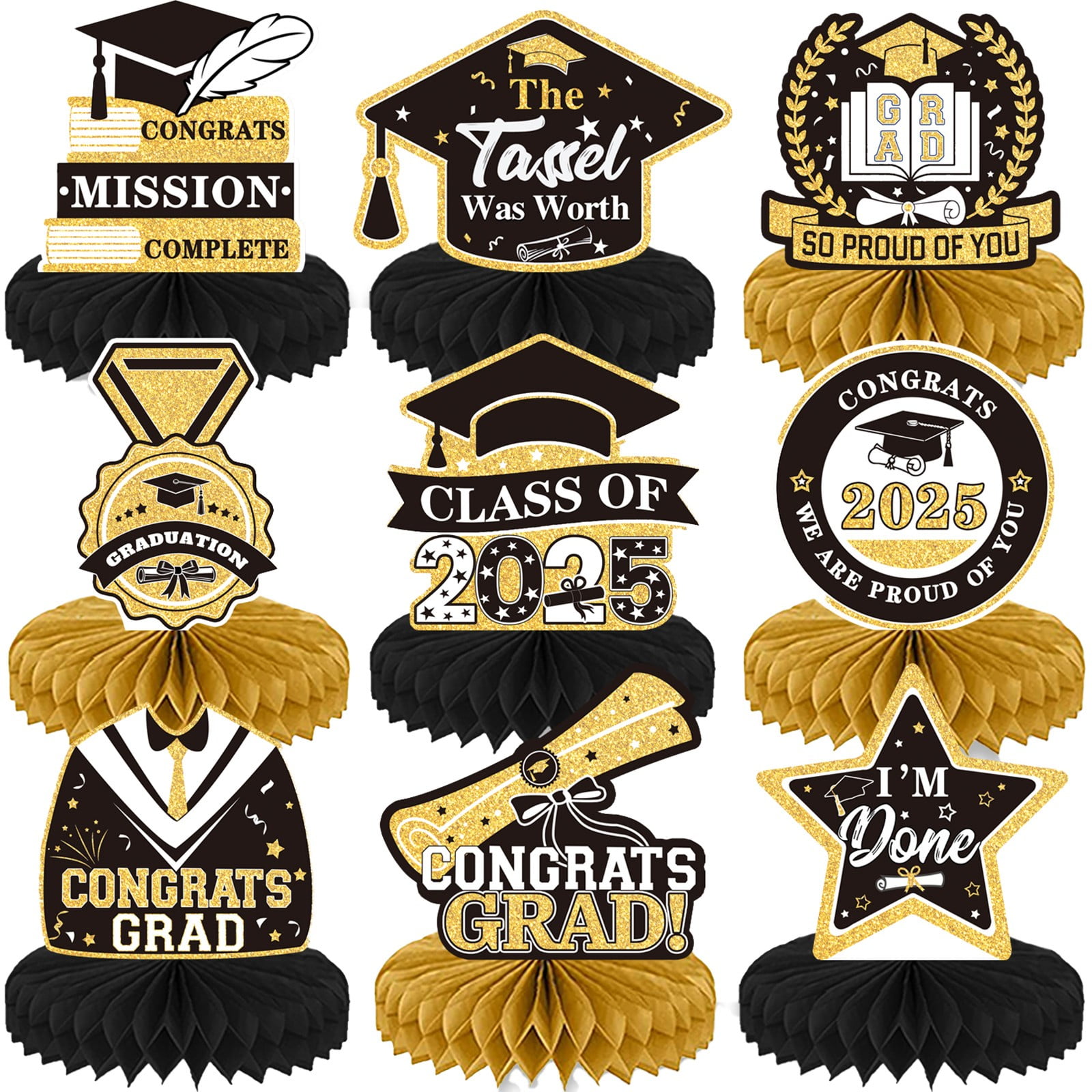 10PCS Graduation Party Table Decorations 2025 Black & Gold Centerpieces ...
