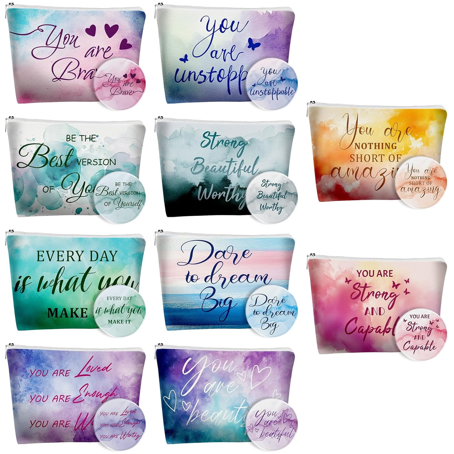 10PCS Inspirational Canvas Makeup Bags with 10 Compact Mirrors Upgraded ...