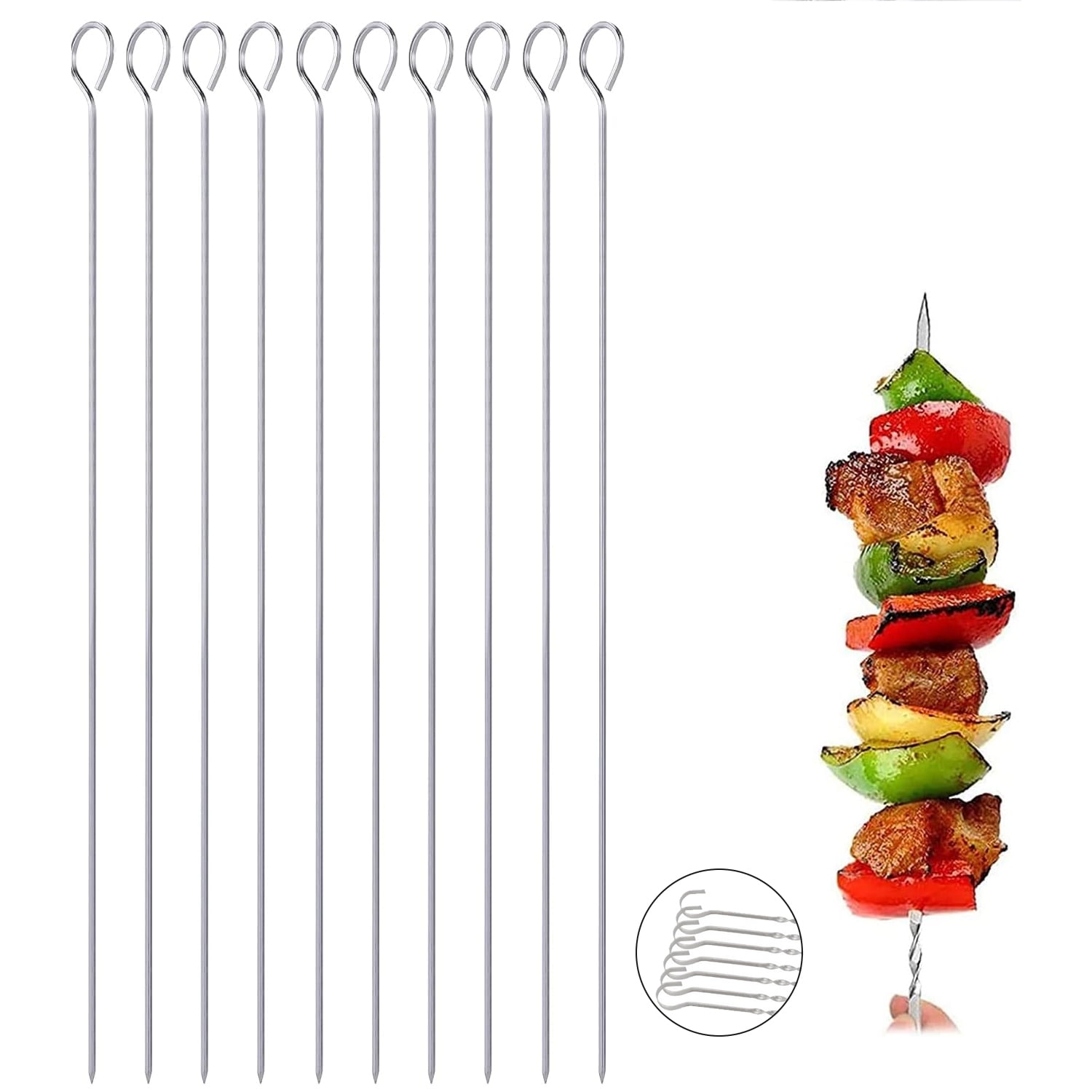 10PCS Kabob Skewers Flat Metal BBQ Barbecue Skewer 12" Long Stainless Steel Shish Kebob Sticks ...