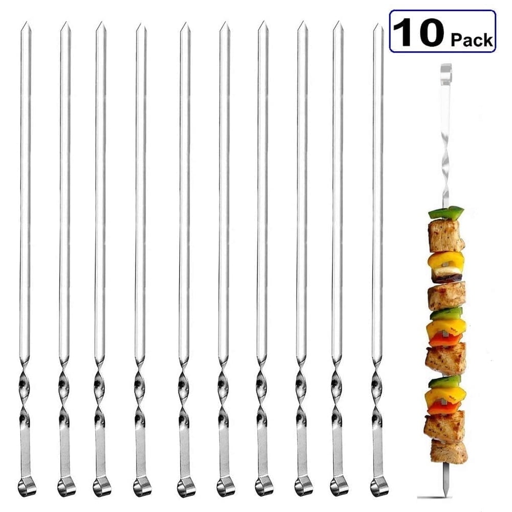 "10PCS BBQ Kabob Skewers - 15"" Stainless Steel Flat Metal Grilling ...