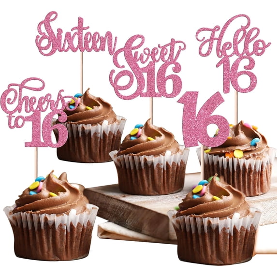 10PCS Pink Glitter Sweet 16 Cupcake Toppers, Sweet 16/Hello 16/Cheers ...