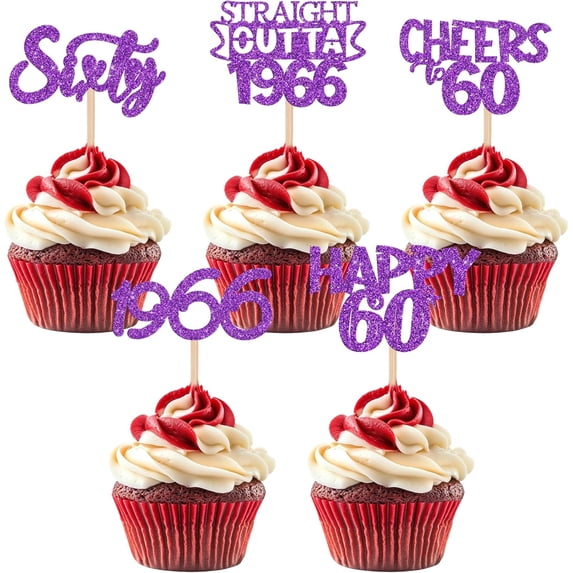 10PCS Purple 60th Birthday Cupcake Toppers, 1966, Sixty, Cheers to 60 ...