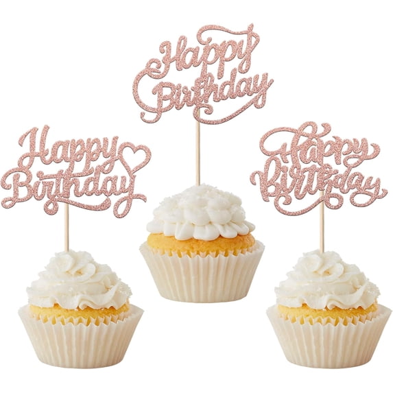 10PCS Rose Gold Glitter Happy Birthday Cupcake Toppers, Script Style ...