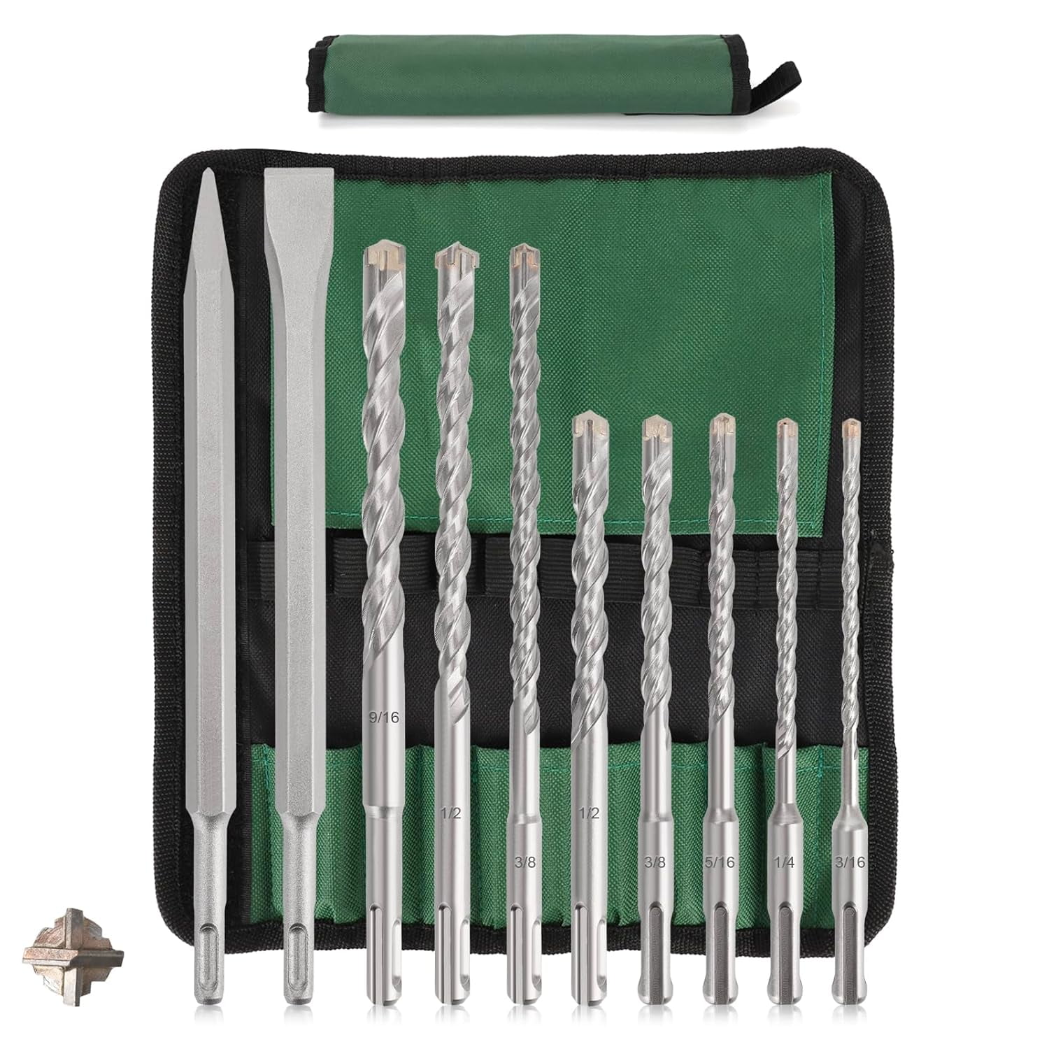 10PCS SDS Plus Concrete Masonry Drill Bit Set & Chisels, Cross-Type ...