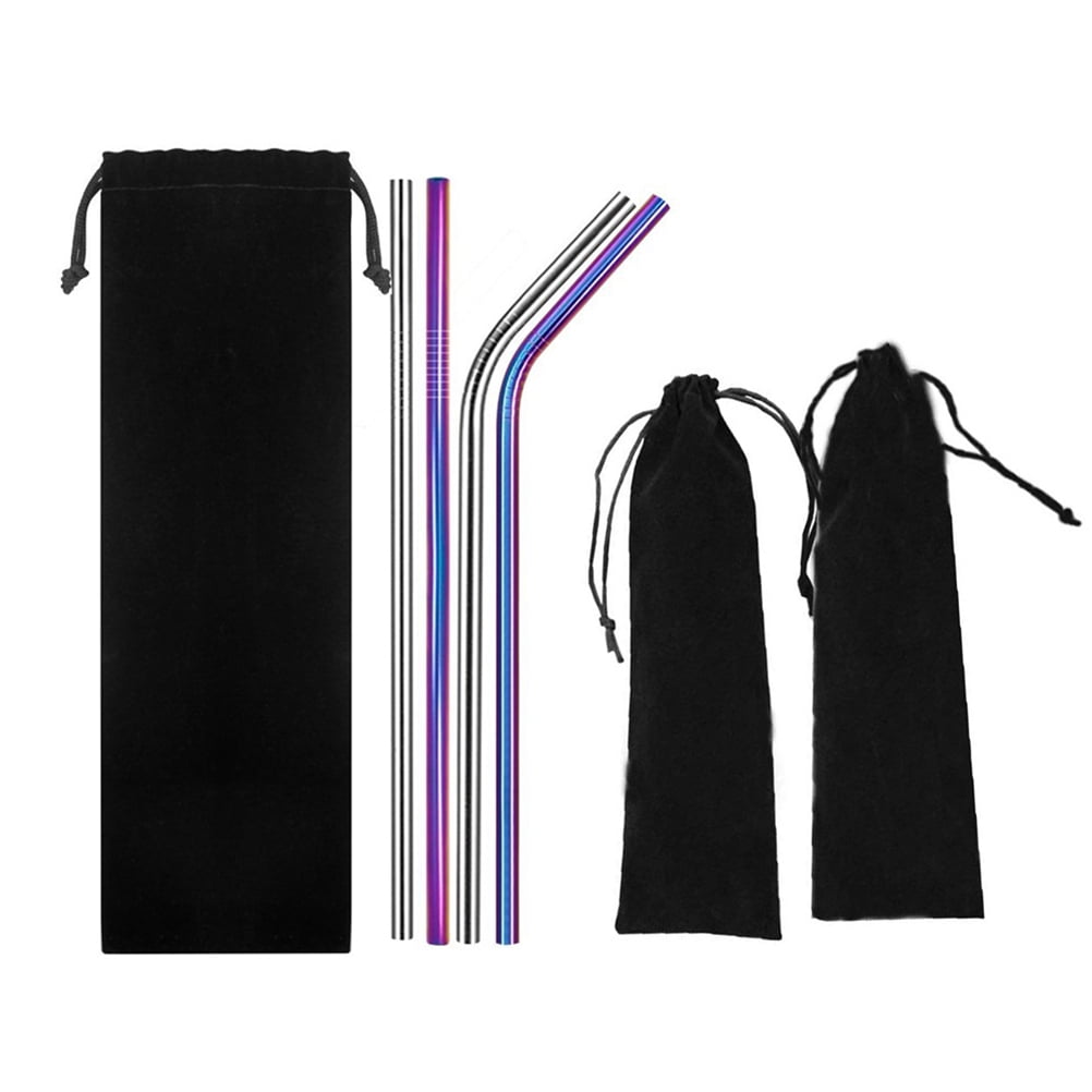 10PCS Stainless Steel Straw Carrying Pouch Flannel Bag Practical ...