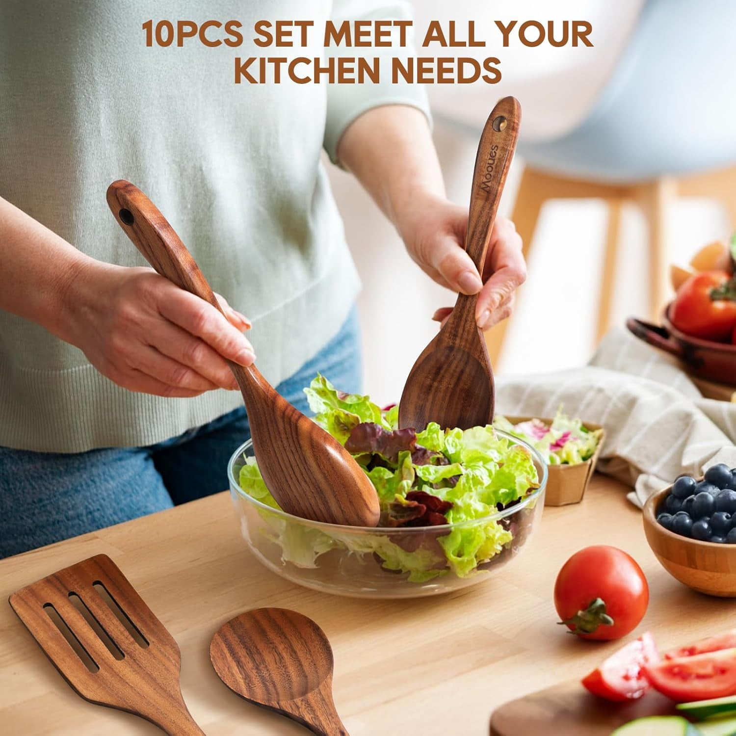 10PCS Teak Wood Kitchen Utensil Set with Hooks - Smooth Finish Non ...