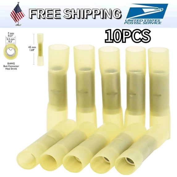 10PCS Wire Butt Crimp Connector Heat Shrink Yellow 8awg gauge GA ...
