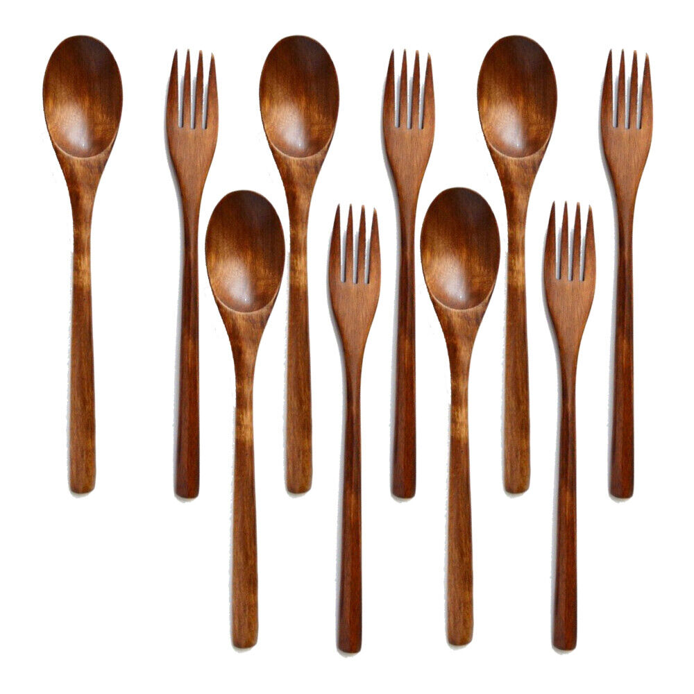 10PCS Wooden Spoons Forks Set, Wood Dinner Utensil Set, Reusable Wood ...
