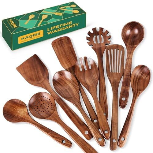 10PCS Wooden Utensils Set, Teak Wood Spoons&Spatulas,Kitchen Utensils ...