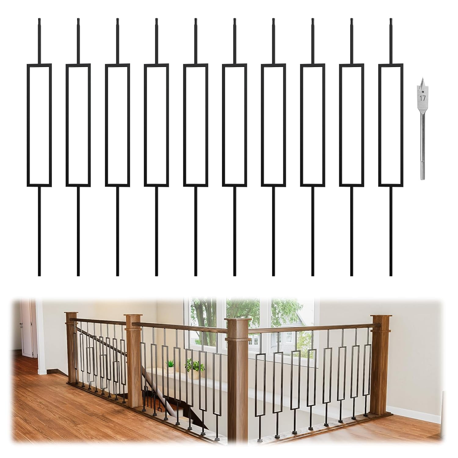 10Pack 44'' Wrought Iron Baluster Hollow Single Rectangle Metal Stair ...
