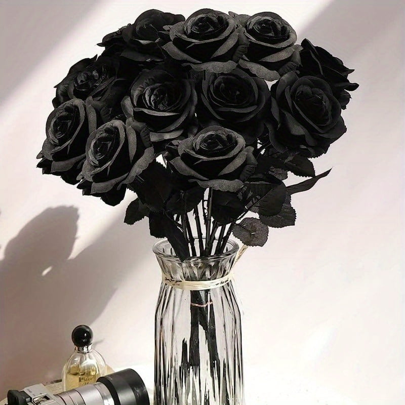 10Pack Artificial Black Roses with Long Stem - Plastic Fake Silk ...