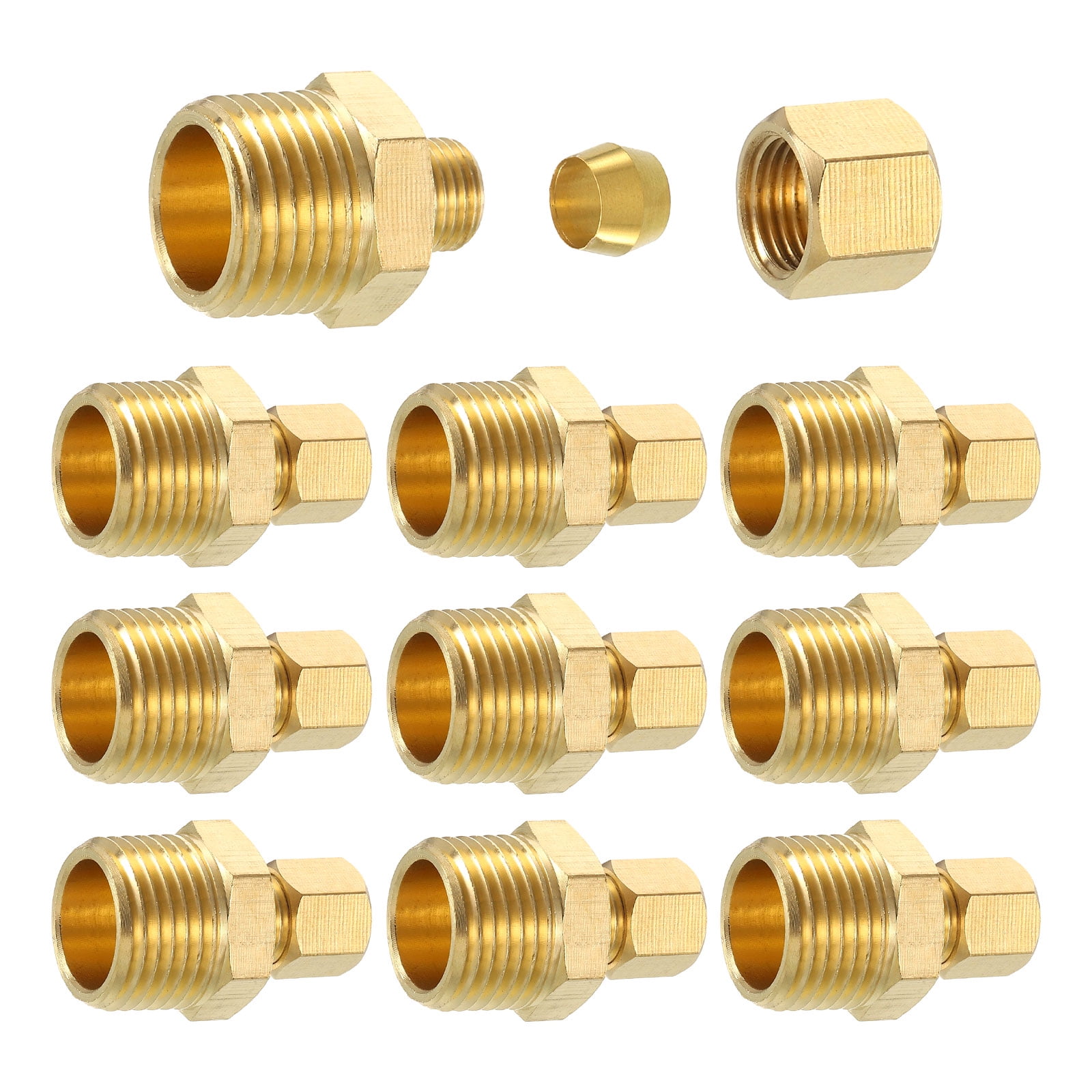 10Pack Brass Pipe Fitting, 1/4" OD x 1/2" NPT Male Brass Compression Tube Fitting, Brass ...