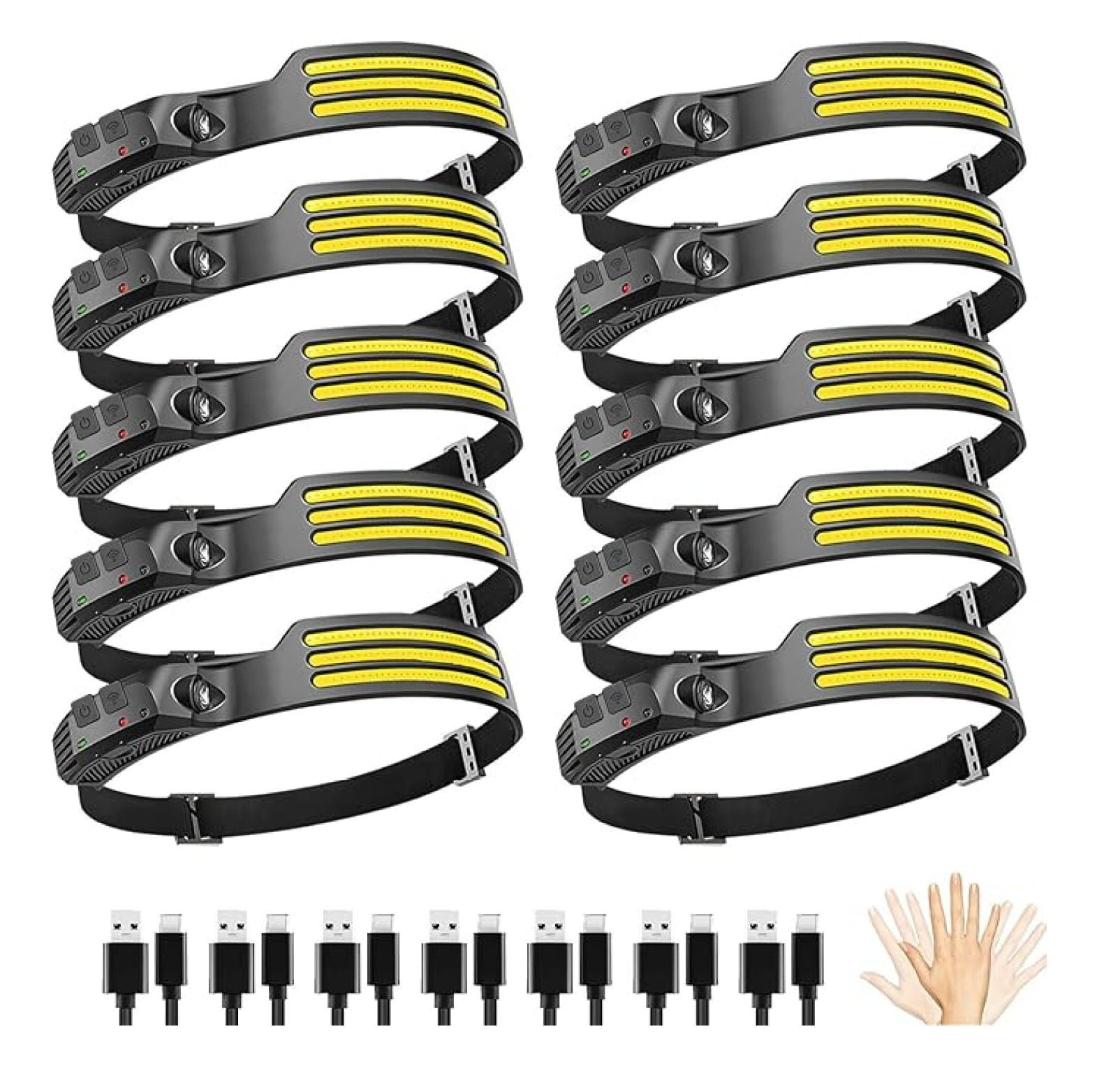 10Pack LED Headlamp Rechargeable with 3 Led Strip, 230° Wide Beam Head ...