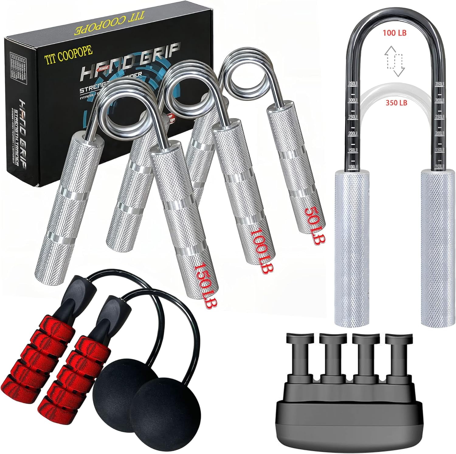 10Pack Metal Grip Strength Trainer Resistance 50-350 LBS/Jump Rope/100 ...