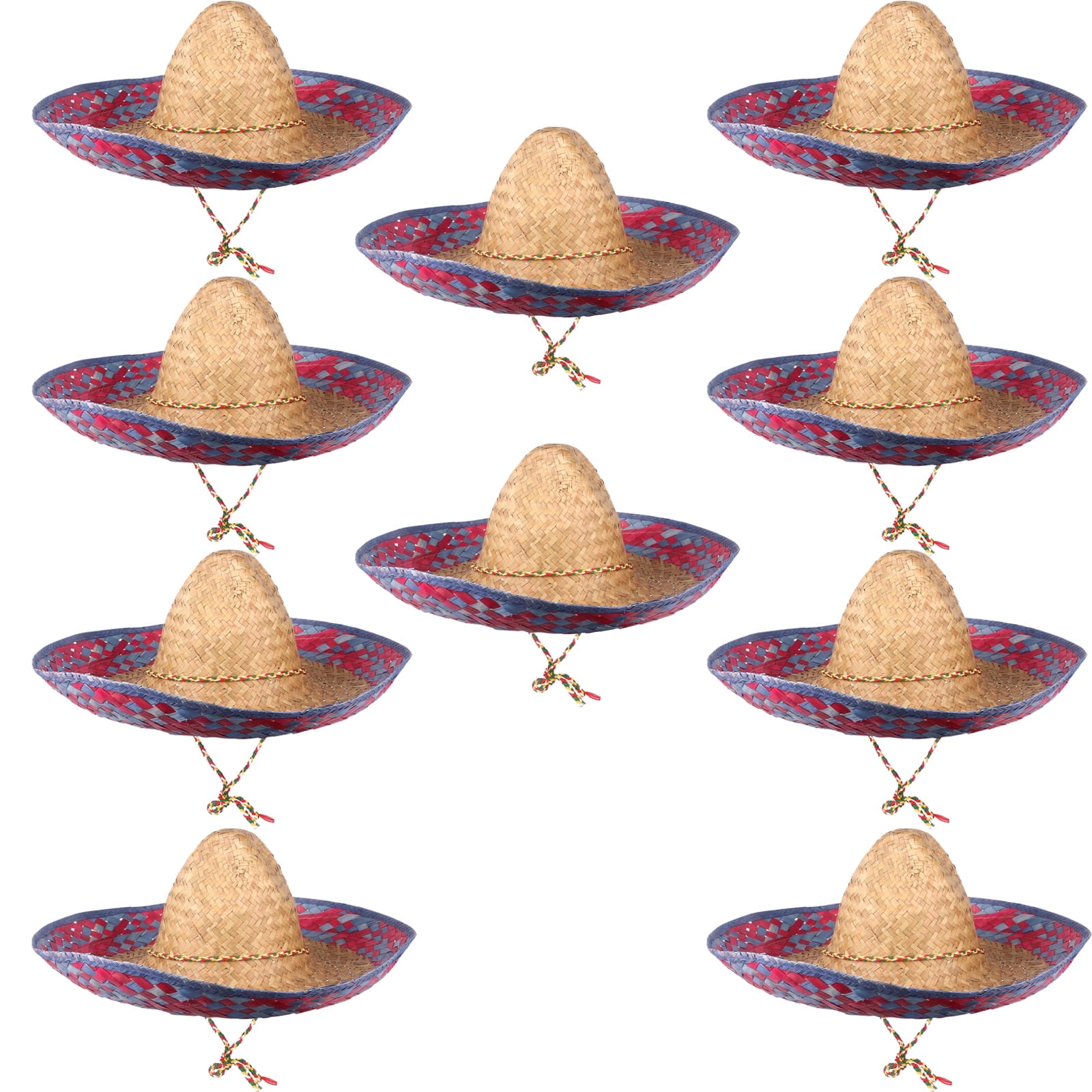 10Pack Mexican Straw Sombrero Hat Adults with Serape Trim, 18" Wide ...