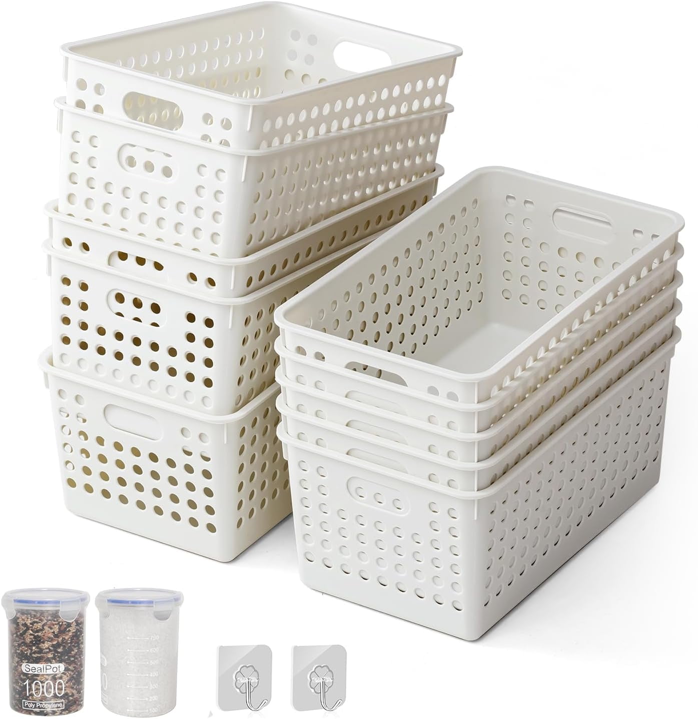 10Pack Plastic Storage Baskets - Small Pantry Organizer Bins Stackable ...