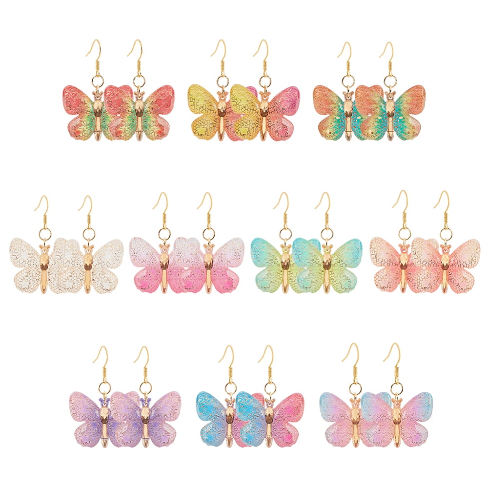 10Pairs 10 Colors Bling Butterfly Resin Dangle Earrings Golden Iron ...