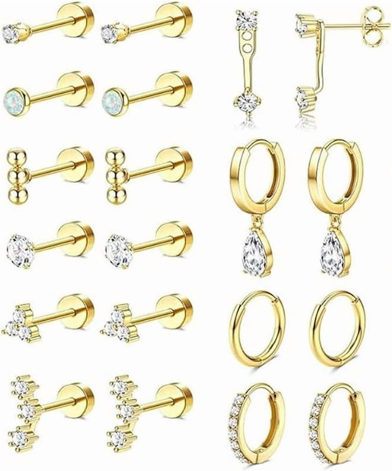 10Pairs Hypoallergenic Flat Back Earrings Gold Cartilage Earring Sets for Multiple Piercing ...