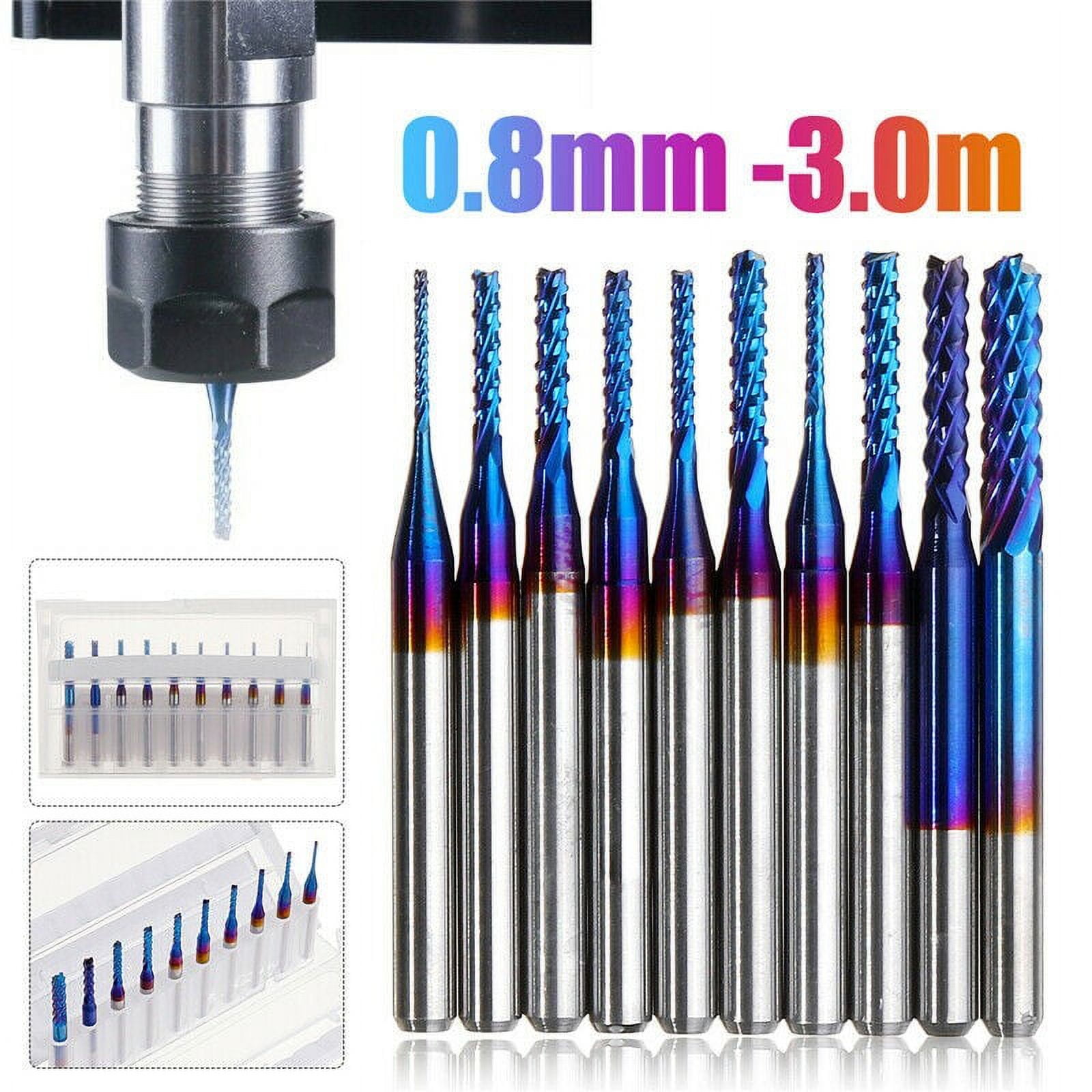 10Pcs 1/8'' Shank Nano Blue Coat End Mills CNC Router Bits Set 0.8mm ...