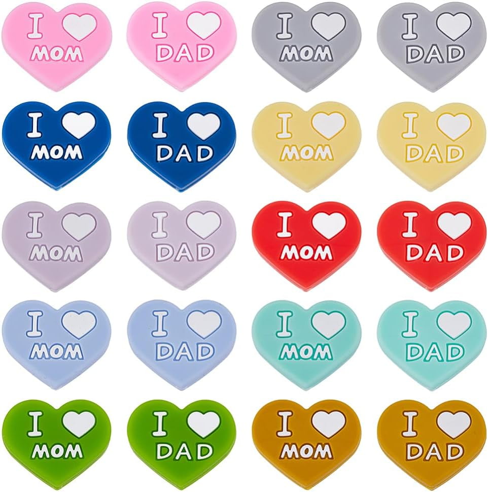 10Pcs 10 Colors Heart Focal Beads with Word Dad and Mom Flat Round Mama ...