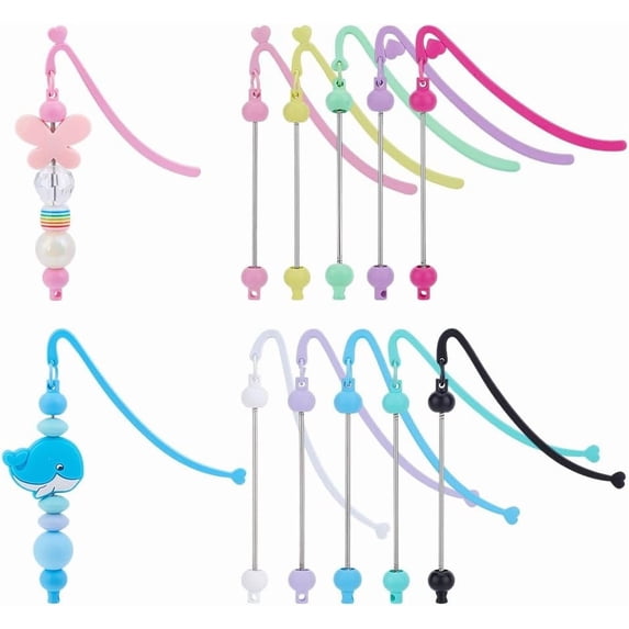 10Pcs 10 Colors Plastic Stainless Steel Beadable Bookmarks Hook-Shaped ...