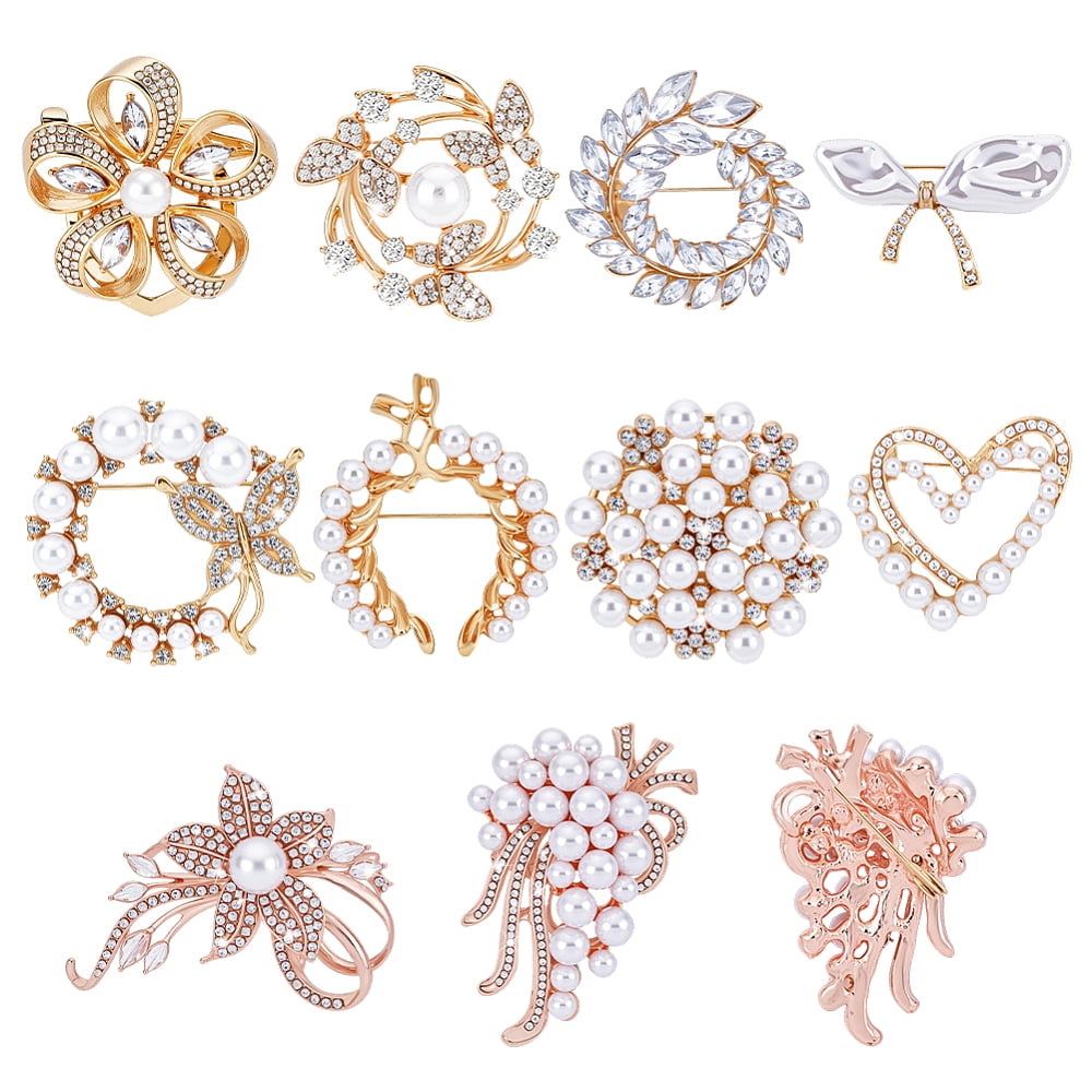 10Pcs 10 Styles Alloy Rhinestone Brooches with Plastic Pearl Beads ...
