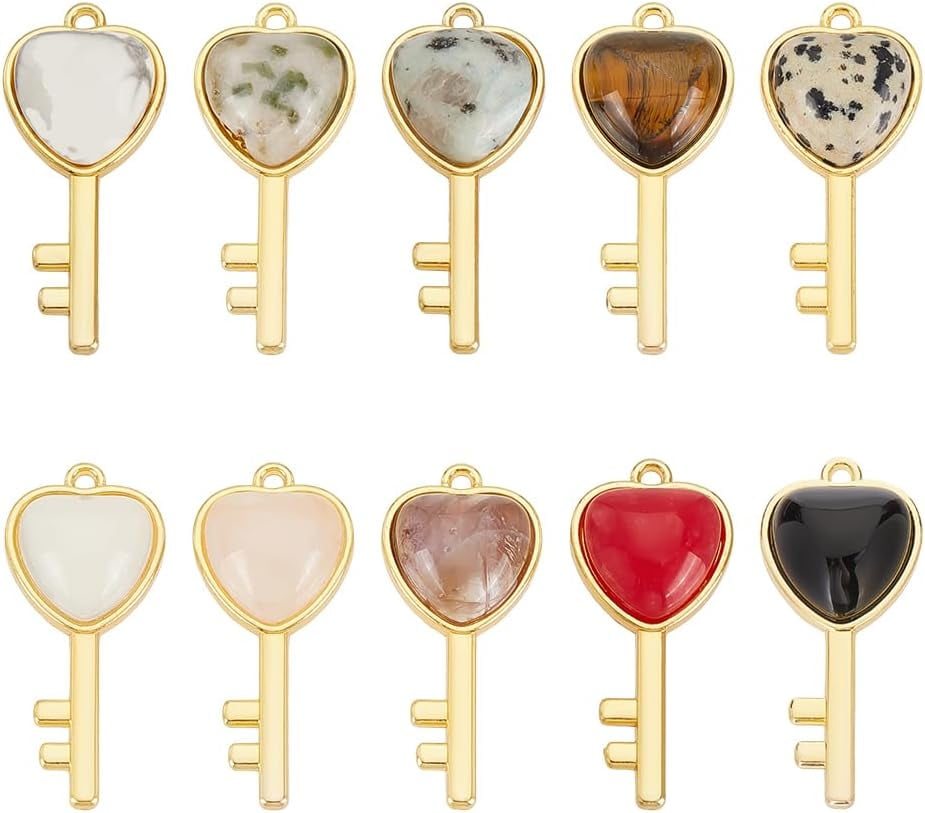 10Pcs 10 Styles Key Gemstone Pendants with Heart Charm Natural Black ...