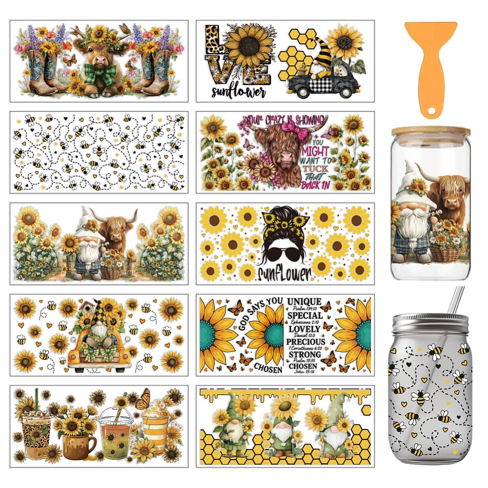 10Pcs 10 Styles PVC DIY Heat Transfer Paper for UV Sublimation Cup Bees ...