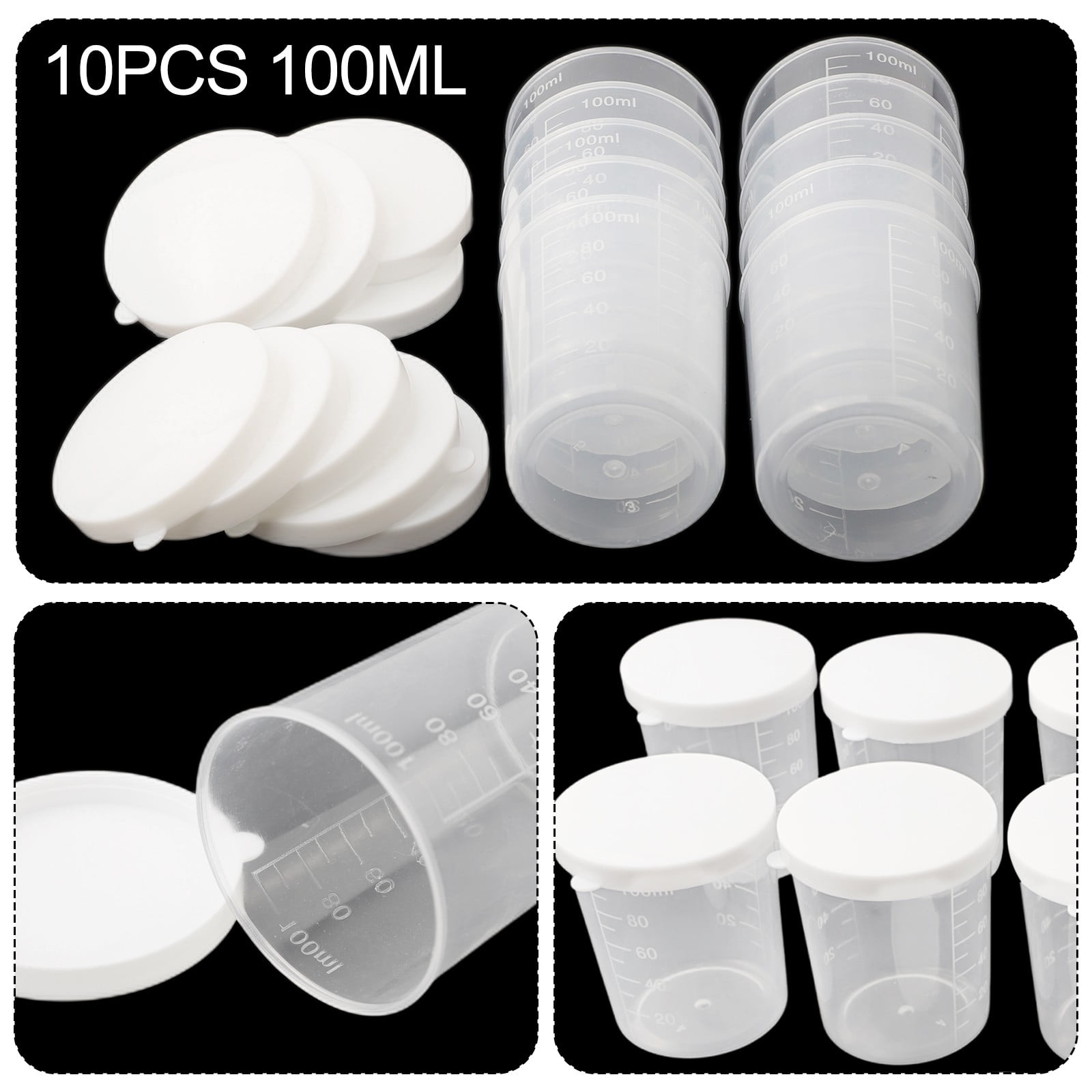 10Pcs 100Ml Medicine Measuring Measure Cups With White Lids Cap Clear ...