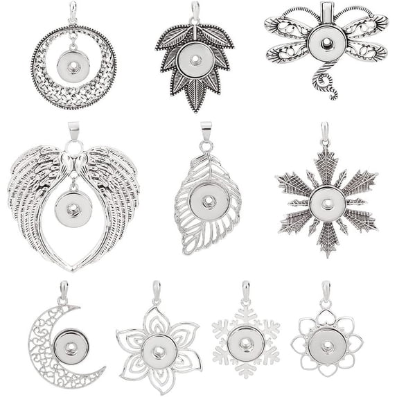 10Pcs 10Styles Snap Buttons Necklace Pendant Charms Maple Leaf Wing ...
