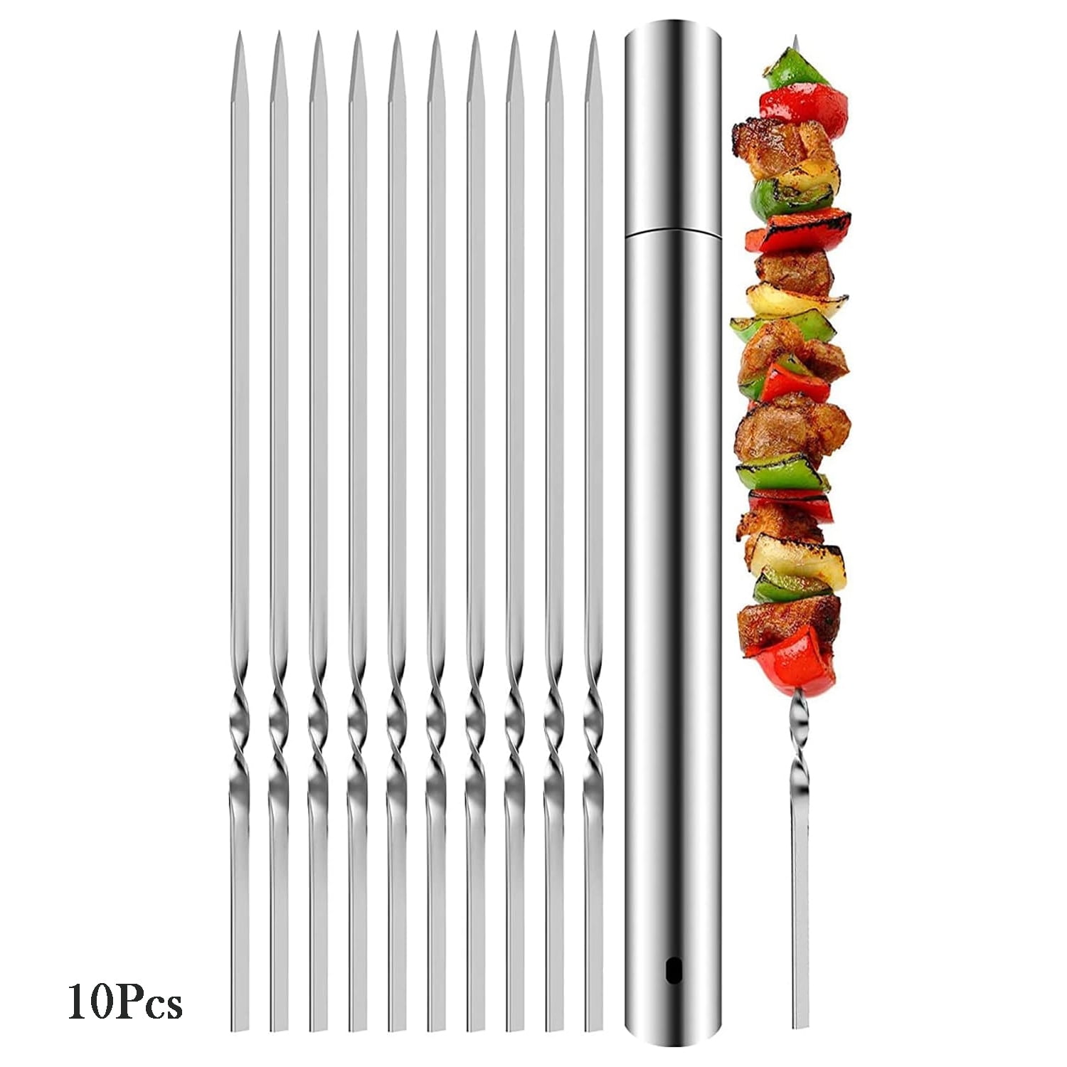 10Pcs 14" Stainless Steel BBQ Skewers+ Storage Tube, Flat Barbecue ...