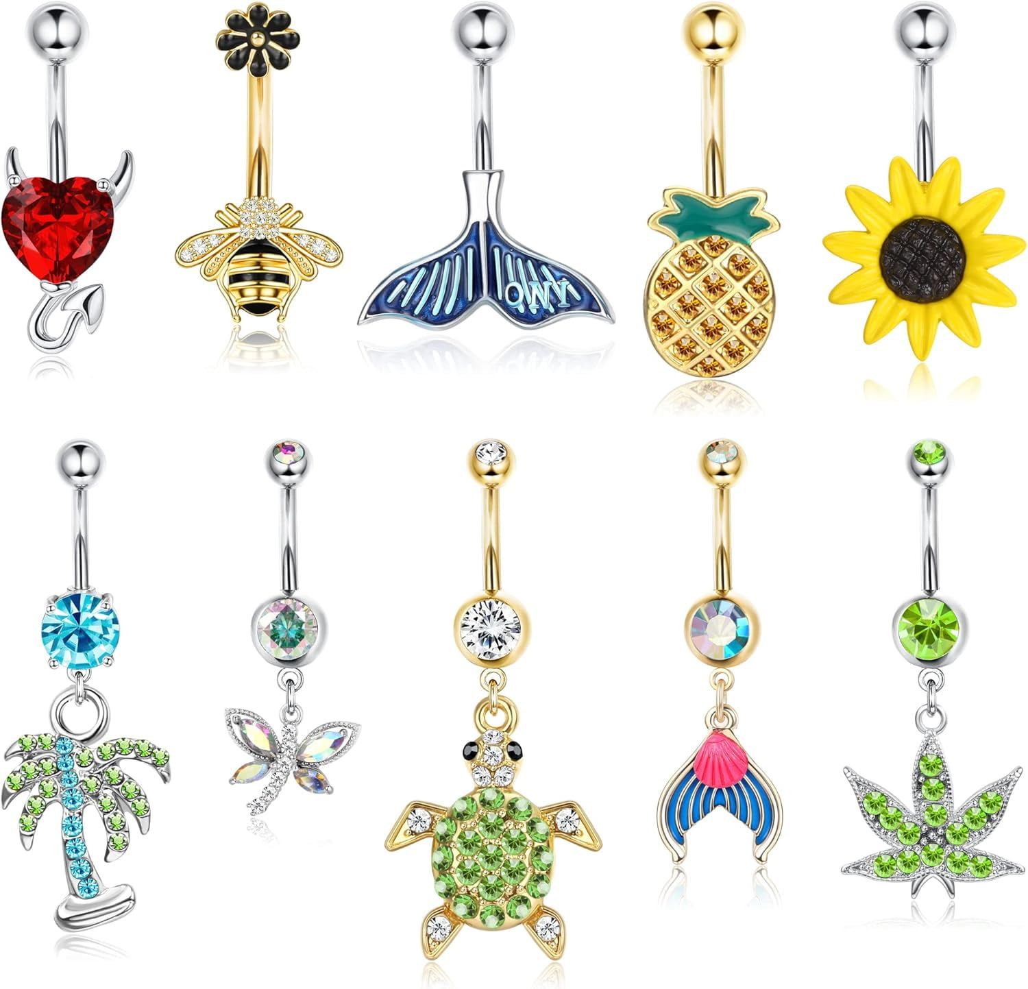 10Pcs 14G Dangle Belly Button Rings For Women Surgical Steel Cute Navel ...