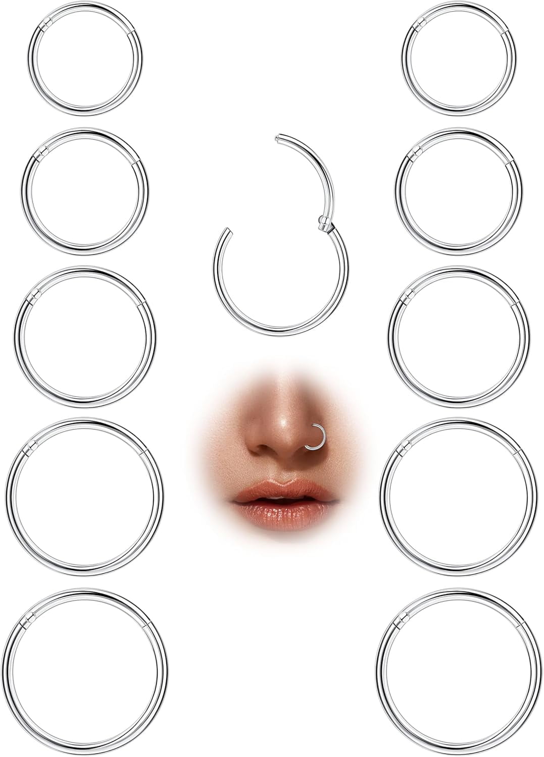 10Pcs 18G 20G Surgical Steel Nose Rings Hoops Women Men Hinged Clicker Nose Hoops Cartilage ...