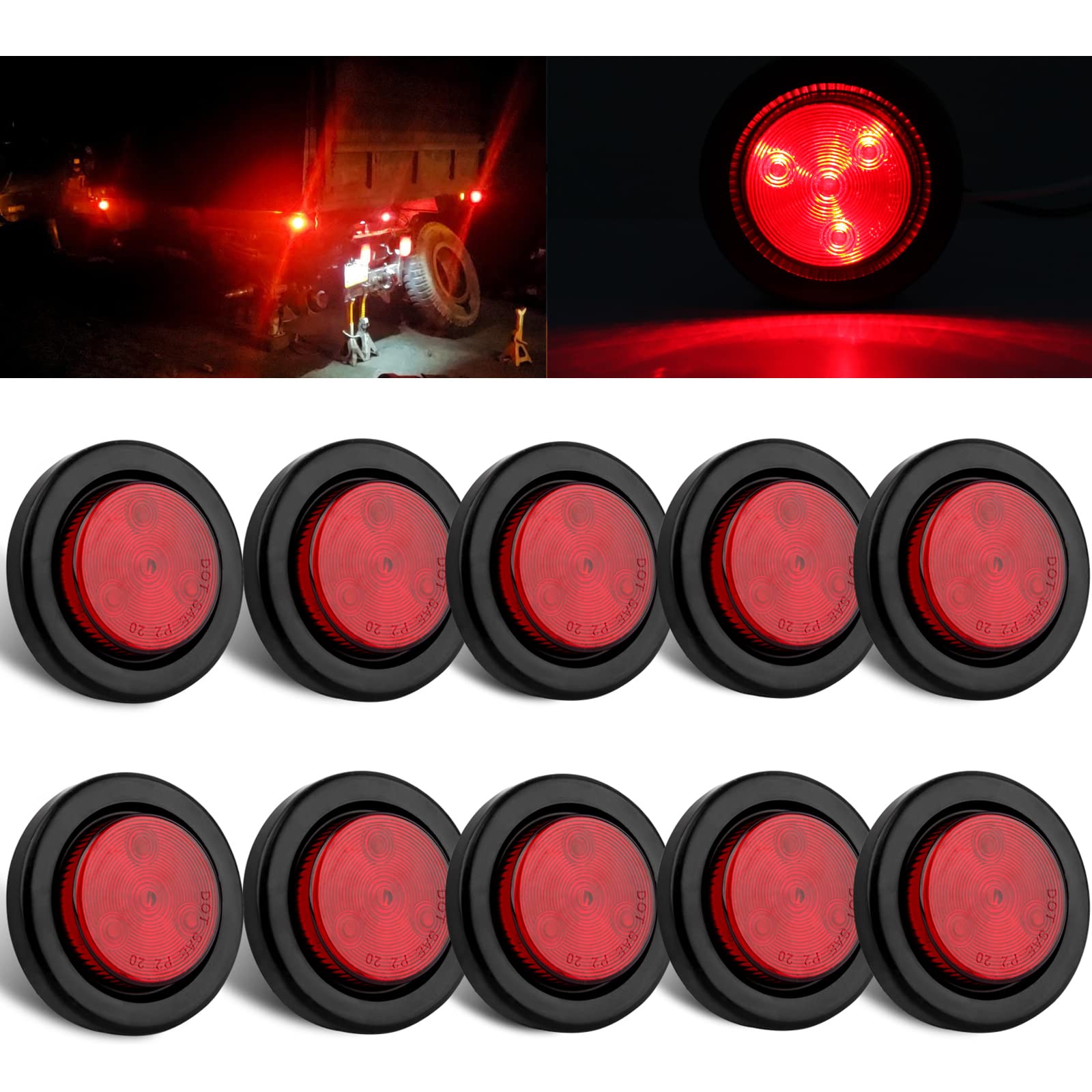 10Pcs 2 Inch Round DHF10 Red LED Trailer Side Clearance Lights, Sealed ...