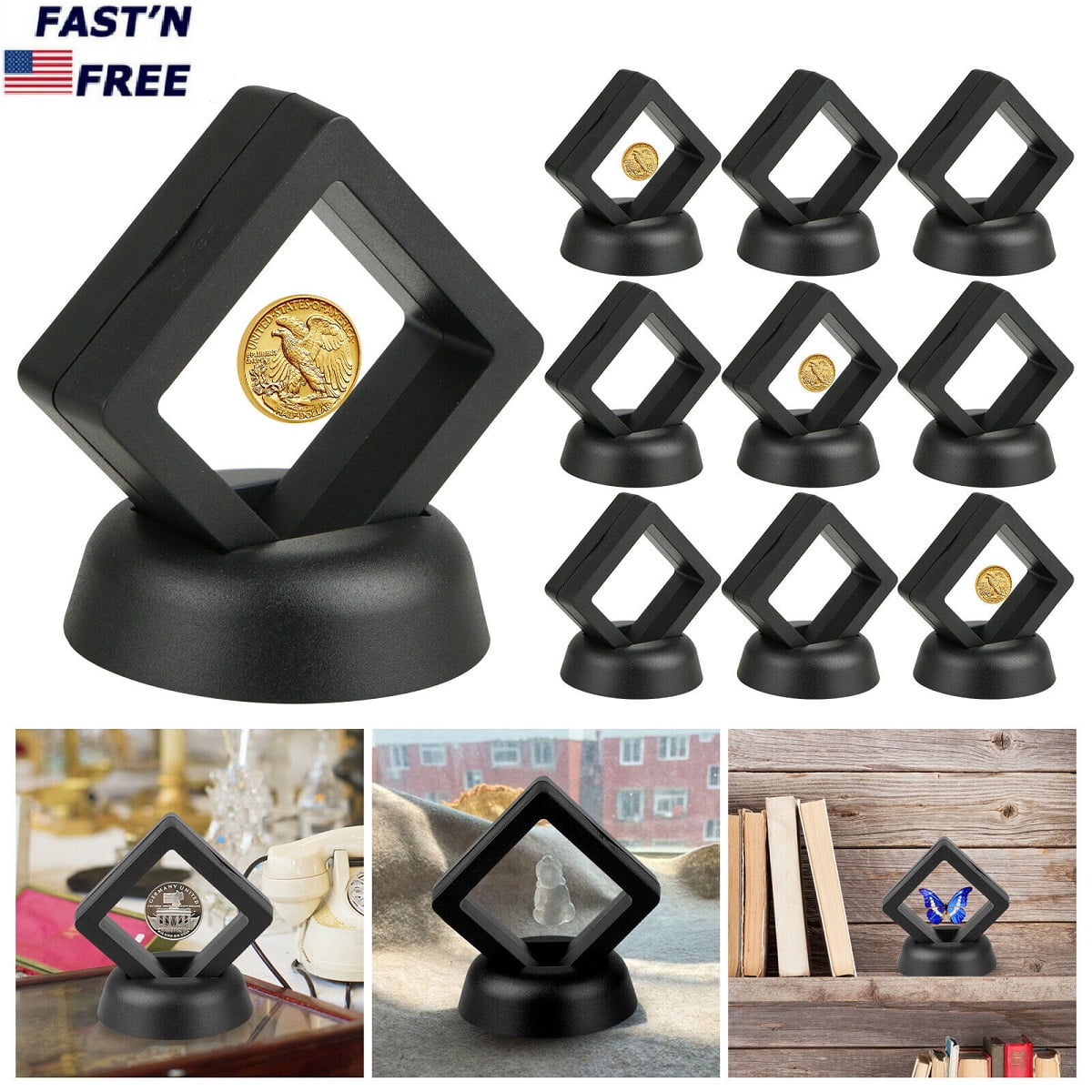 10Pcs 3D Floating Display Case Stand Holder Medallion Medal Specimen Military Coin Clear Box ...