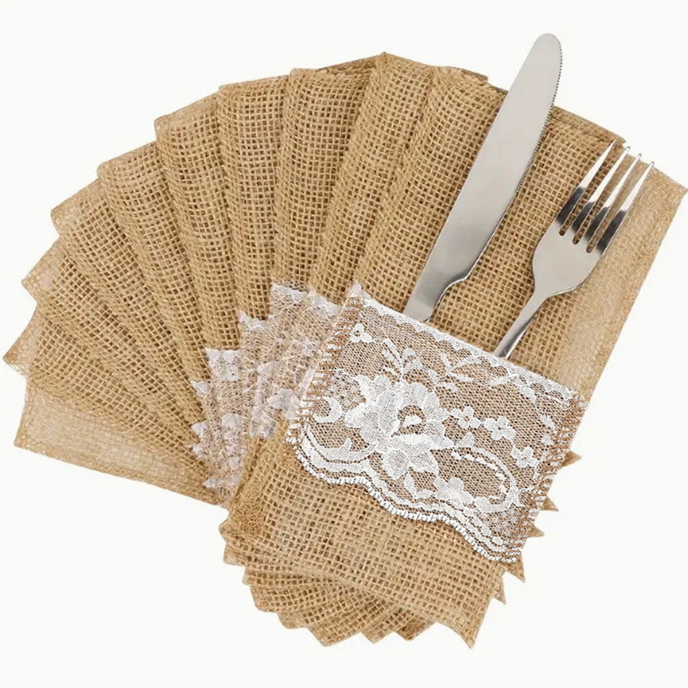 10Pcs 4.1 x 8.9 Inch Wedding Natural Burlap Lace Utensil Holders Pouch ...