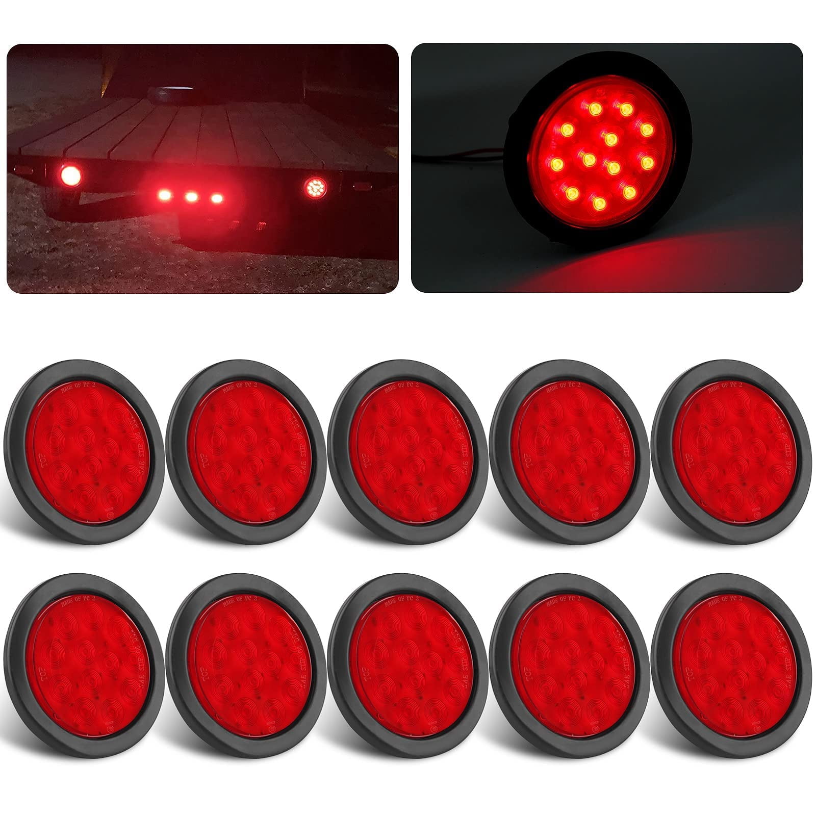 10Pcs 4 Inch Round IFF17 Led Trailer Tail Lights Red 12 LED Waterproof ...