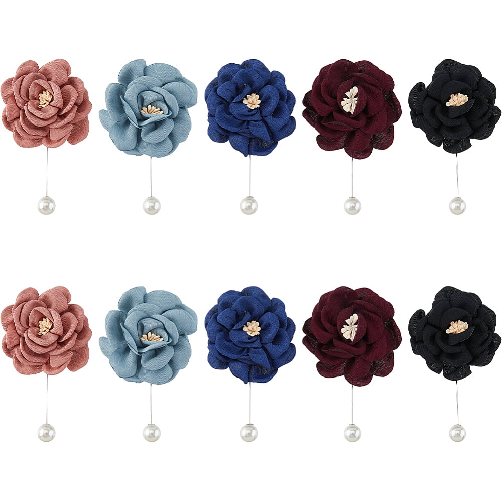 10Pcs 5 Colors Flower Polyester Brooches with Alloy Findings and ...
