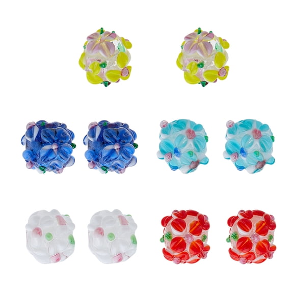 10Pcs 5 Colors Handmade Lampwork Beads Rondelle with Flower Bumpy Mixed ...