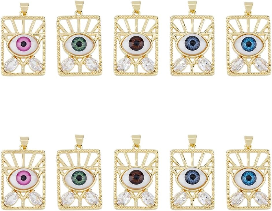 10Pcs 5 Colors Rectangle with Charms Blue Eye Pendants Hollow Rectangle ...