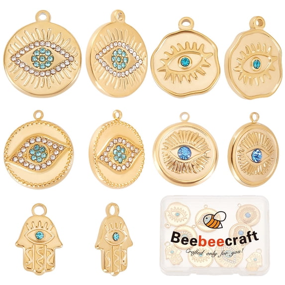 10Pcs 5 Style 304 Stainless Steel Pendants with Rhinestone Hamsa Hand ...