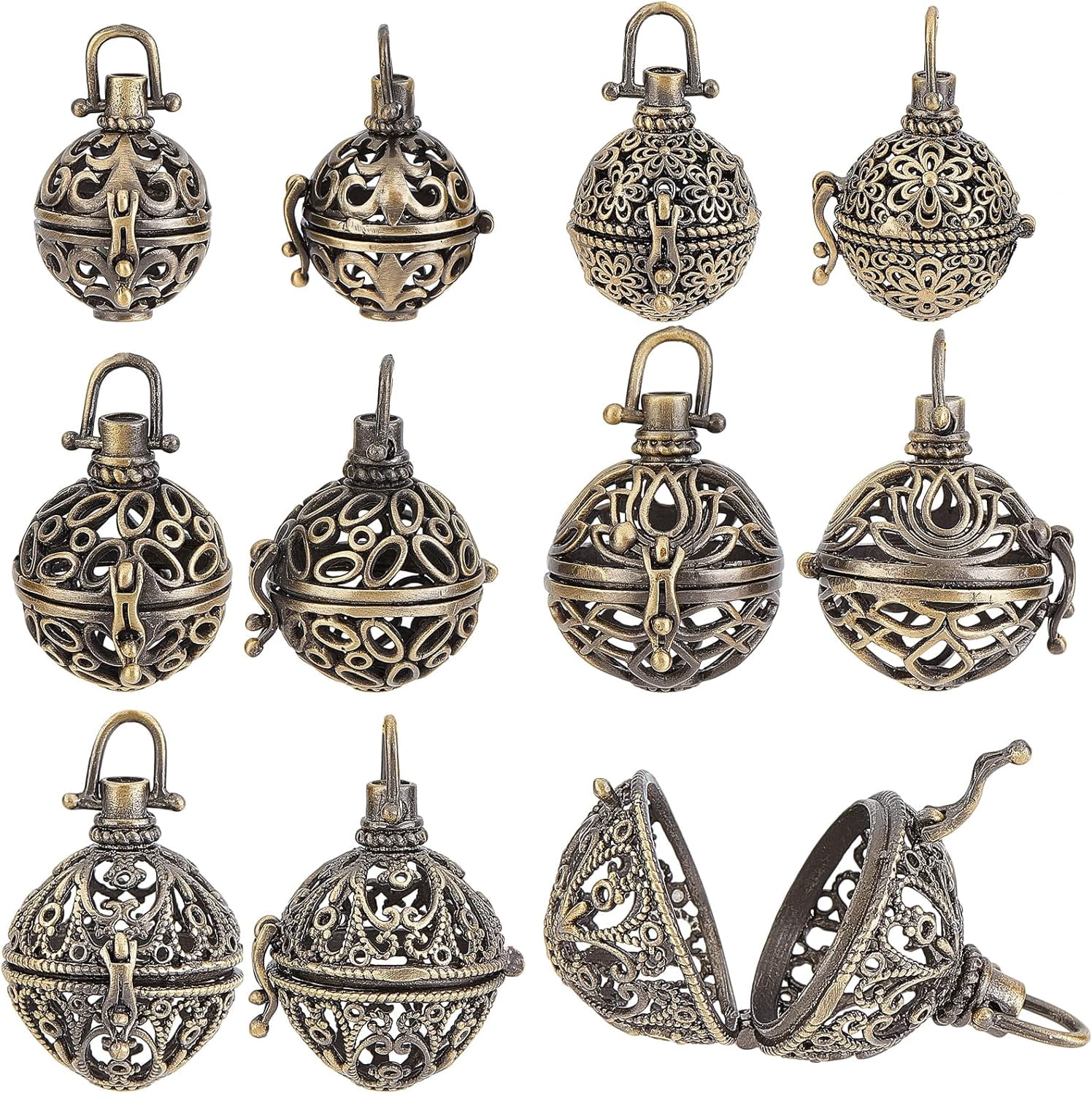 10Pcs 5 Styles Cage Charms Brass Locket Charms Bead Cage Chime Ball Charm Hollow Cages Metal ...